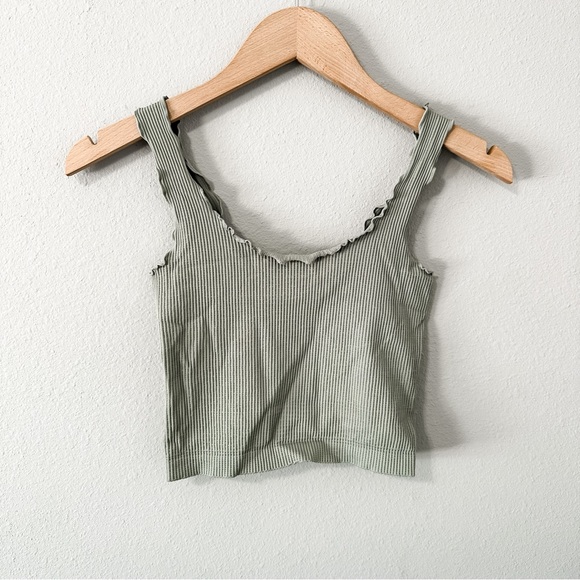 Tops | Sage Green Cropped Tank Top Stretchy Ruffle Size Medium | Poshmark